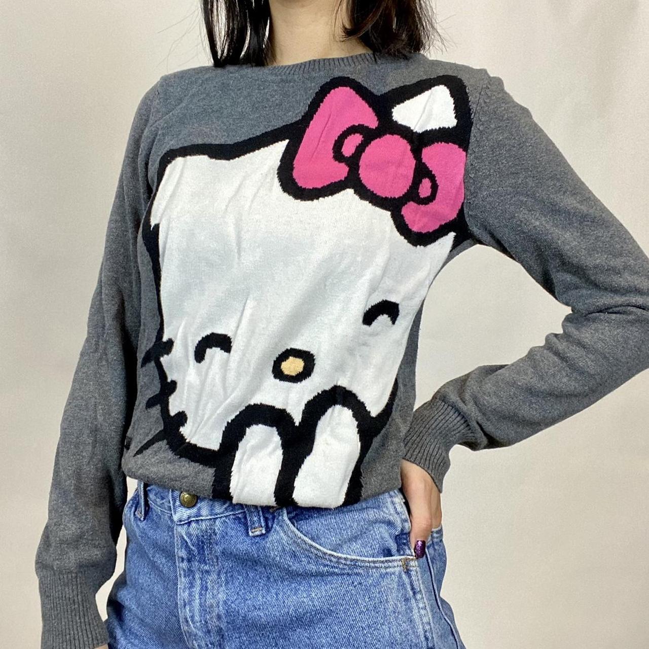 y2k knit hello kitty graphic sweater Grey with a... - Depop