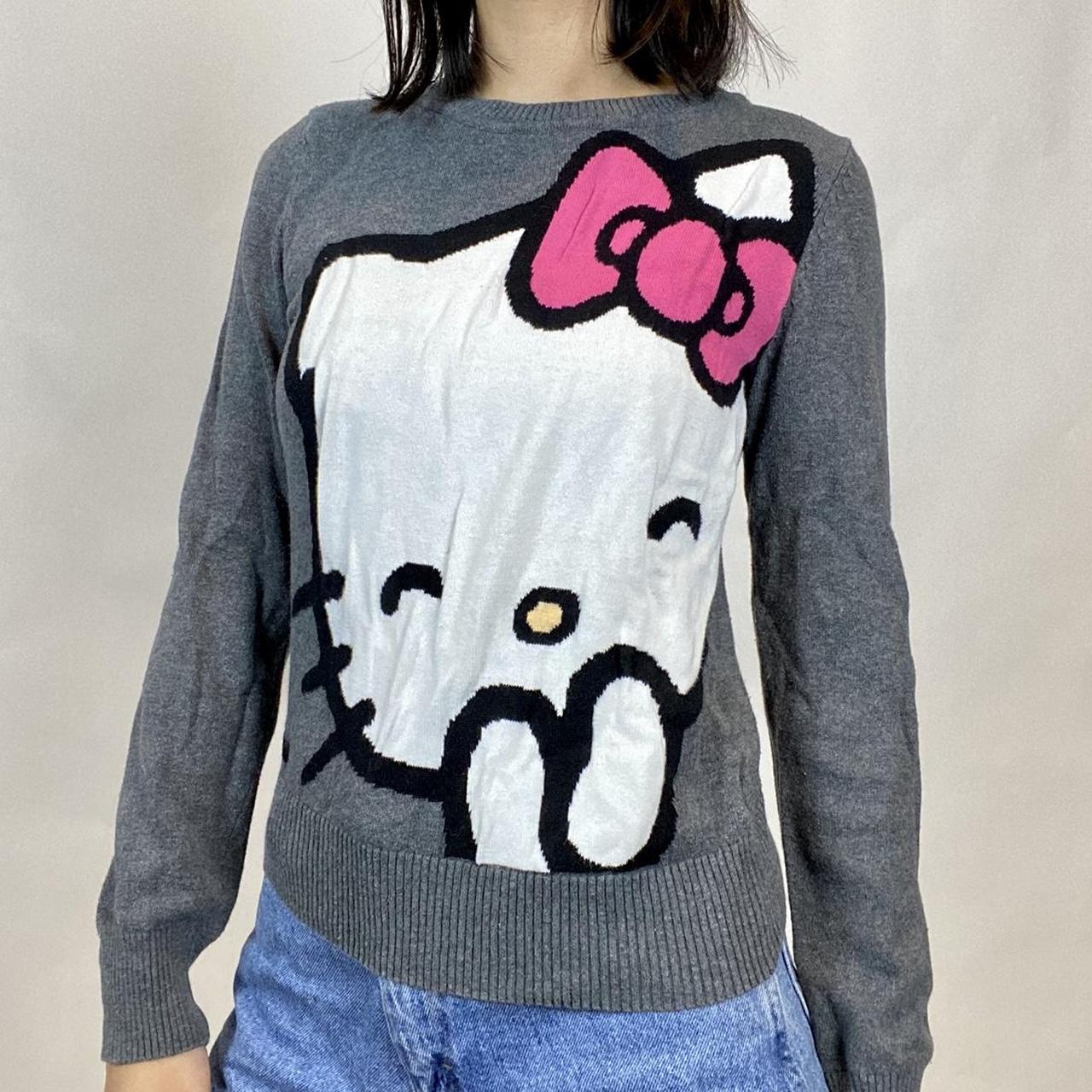y2k knit hello kitty graphic sweater Grey with a... - Depop