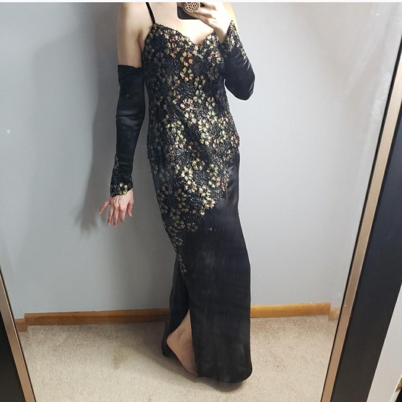 Menekshe black silk formal dress Multi color bead... - Depop