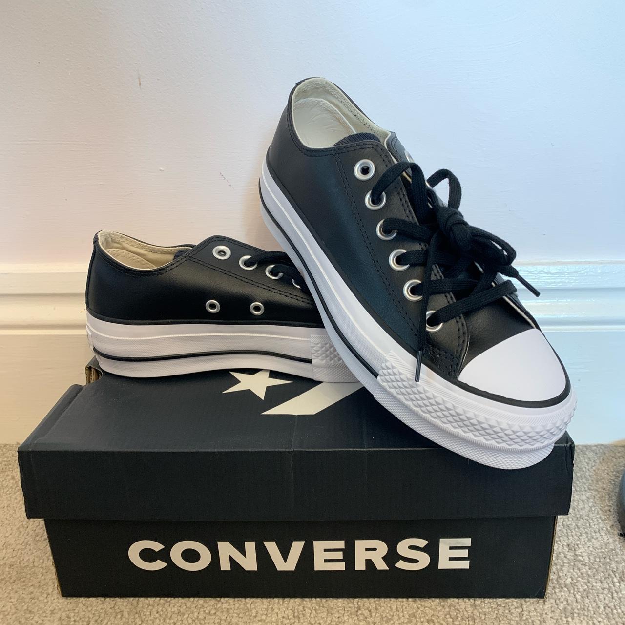 Black Leather Chunky Sole Converse All Stars Size 3... - Depop