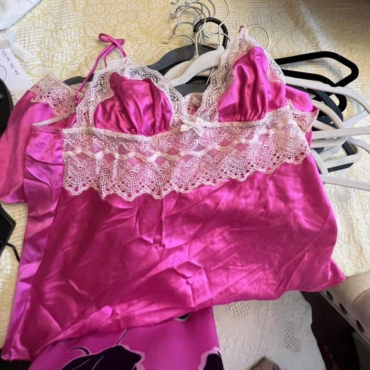 Hot pink pajama with lace - Depop