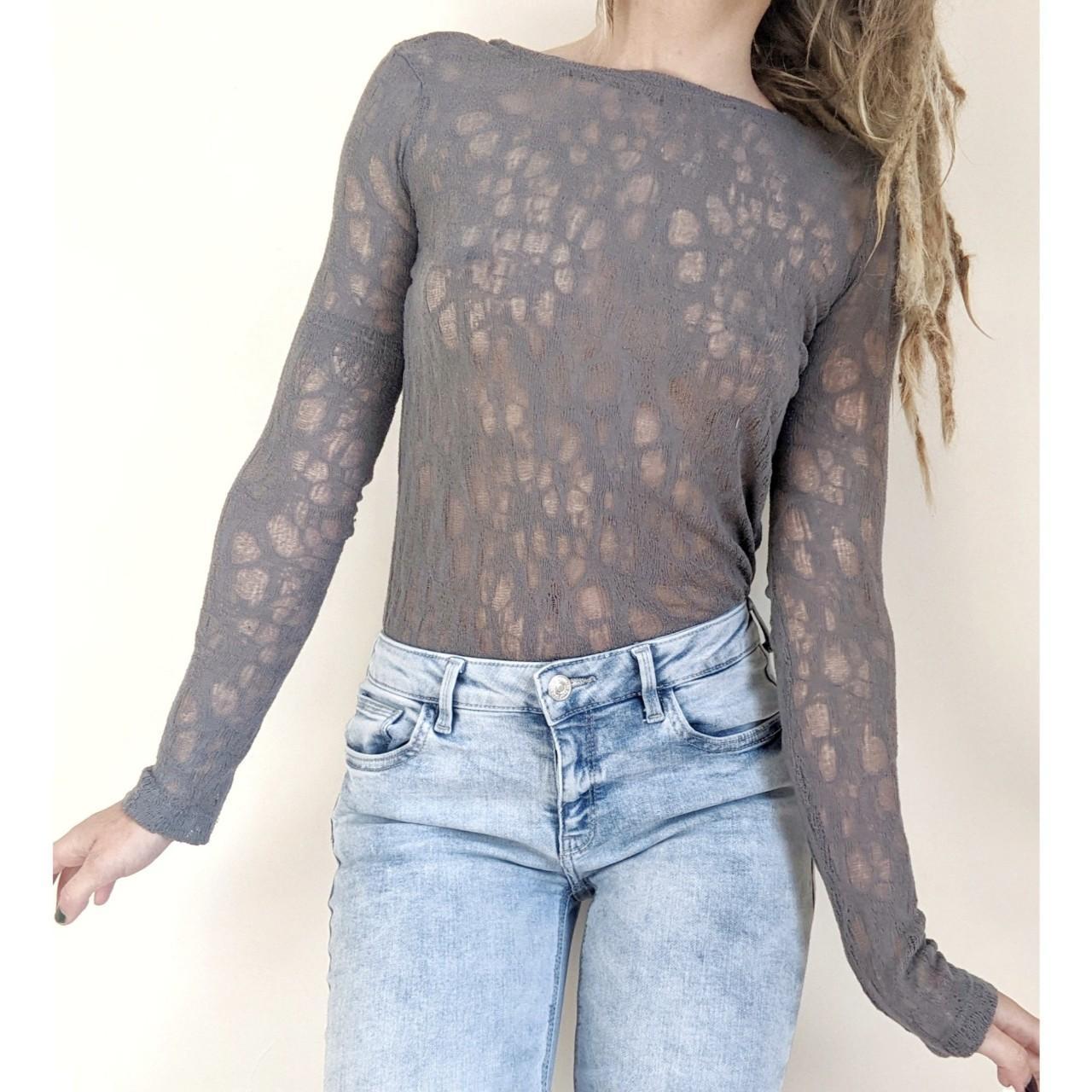 This finely open knitted grey long sleeved sheer top... - Depop