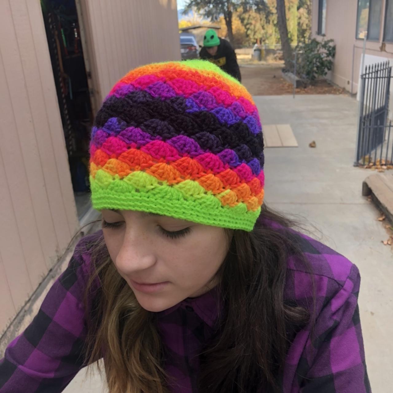 Neon Crochet Beanie Hat. Serious Lisa Frank Vibes.... - Depop