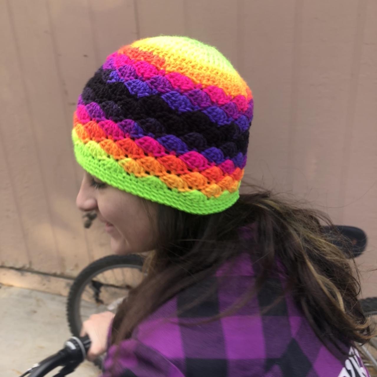 Neon Crochet Beanie Hat. Serious Lisa Frank Vibes.... - Depop
