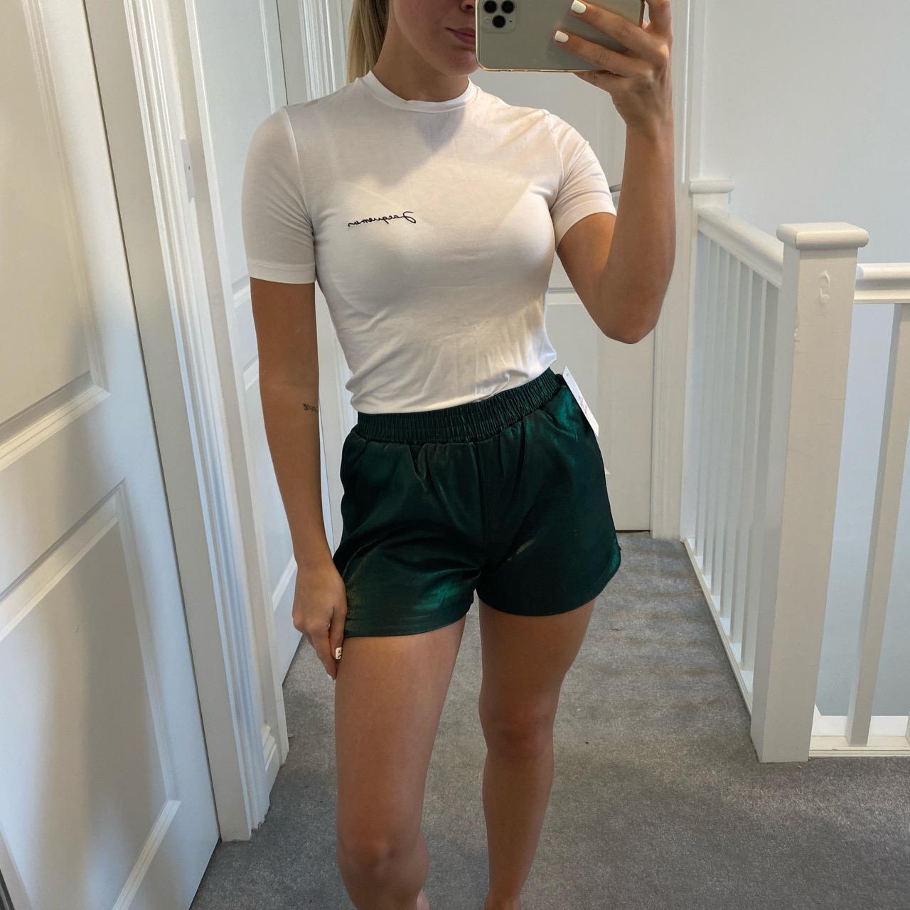 Green satin boxer style shorts size small fit a size... - Depop