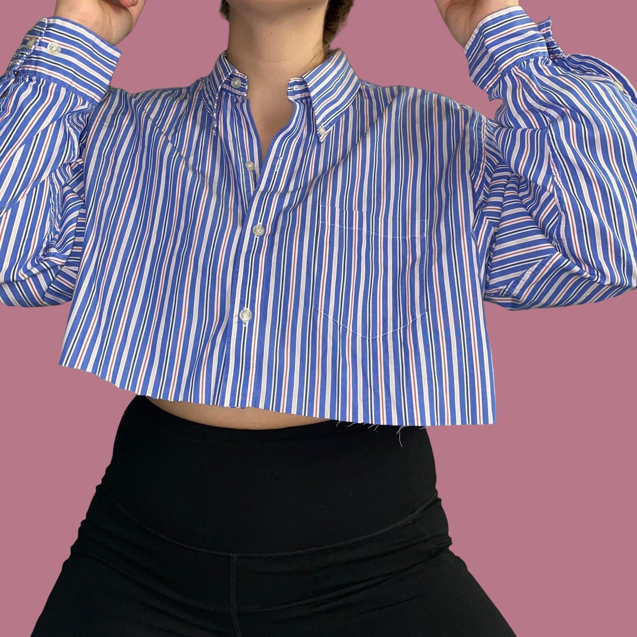 blue & red striped crop button down this button... - Depop
