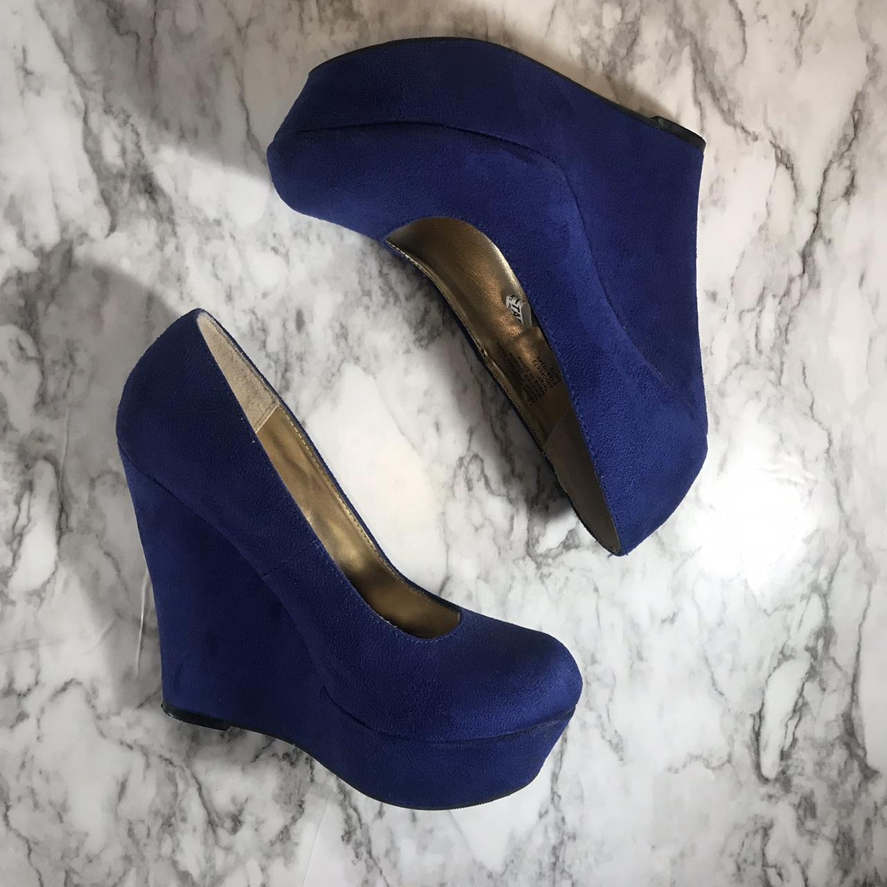 Blue suede wedge heel. Color may vary due to... - Depop