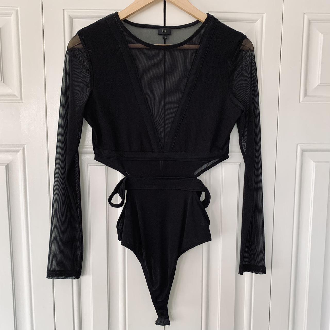 River Island black mesh cut out bodysuit - UK 10,... - Depop
