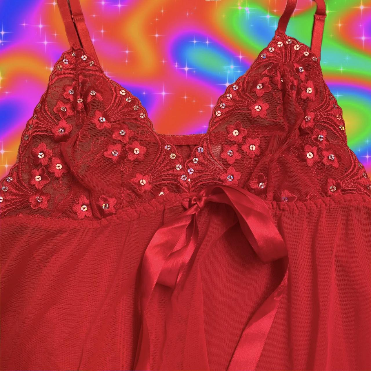 authentic y2k ruby red sheer mesh lingerie slip... - Depop