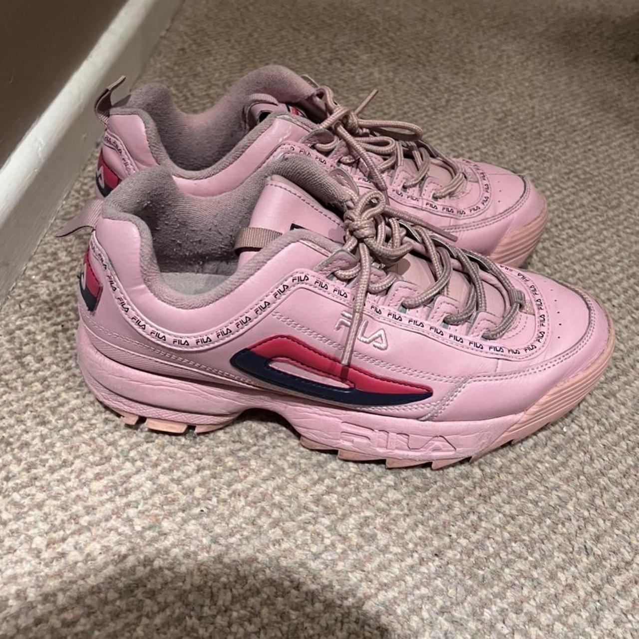 Pink Fila Disruptor, Size 8 Worn but a lot of wear... - Depop