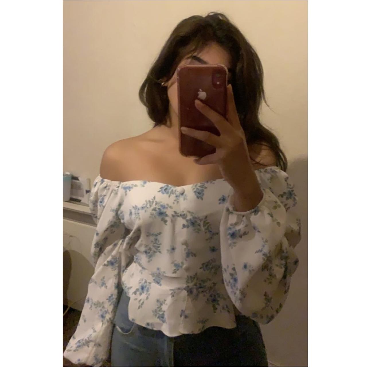 Worn once summery blue and white floral top size 8... - Depop