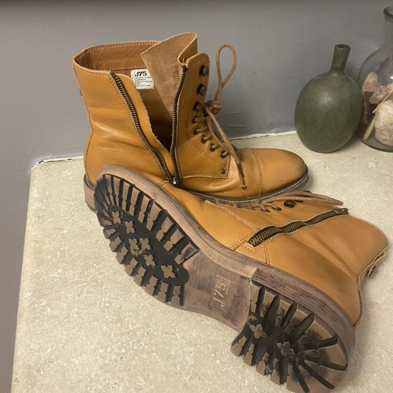 J75 by JUMP Leather Combat Boots in Dark Tan.... - Depop