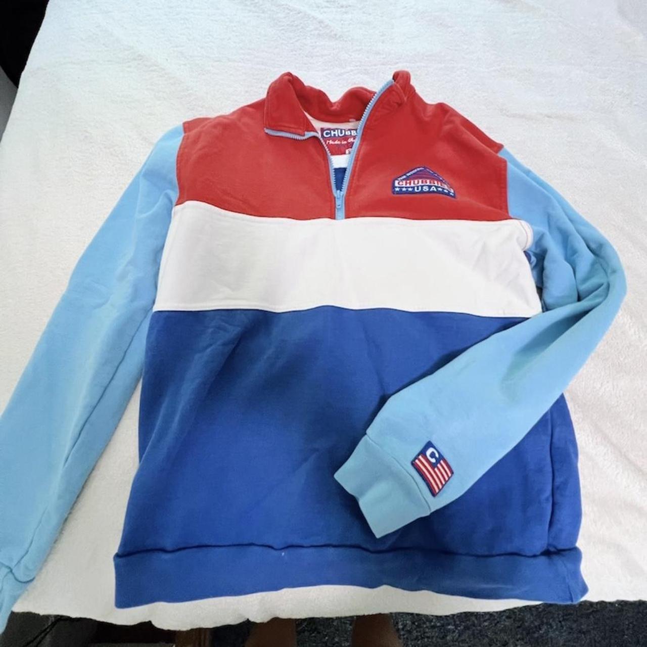 Chubbies red white and blue quarter zip, worn a few... - Depop