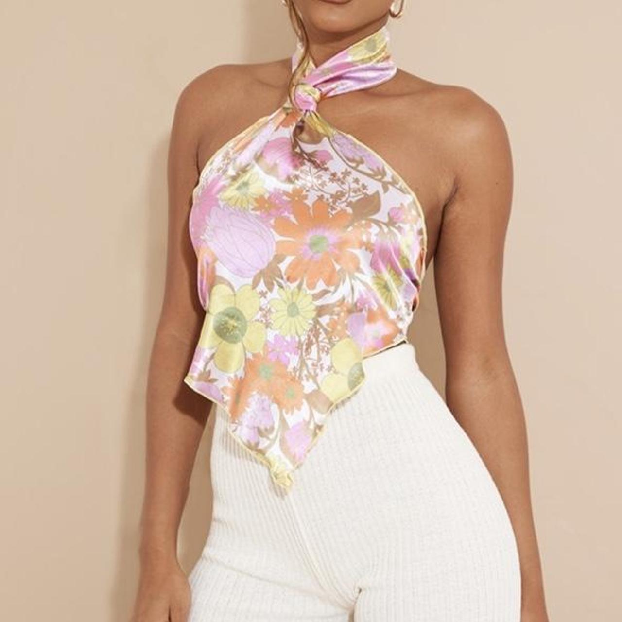 Pink satin floral halterneck top with adjustable tie... - Depop