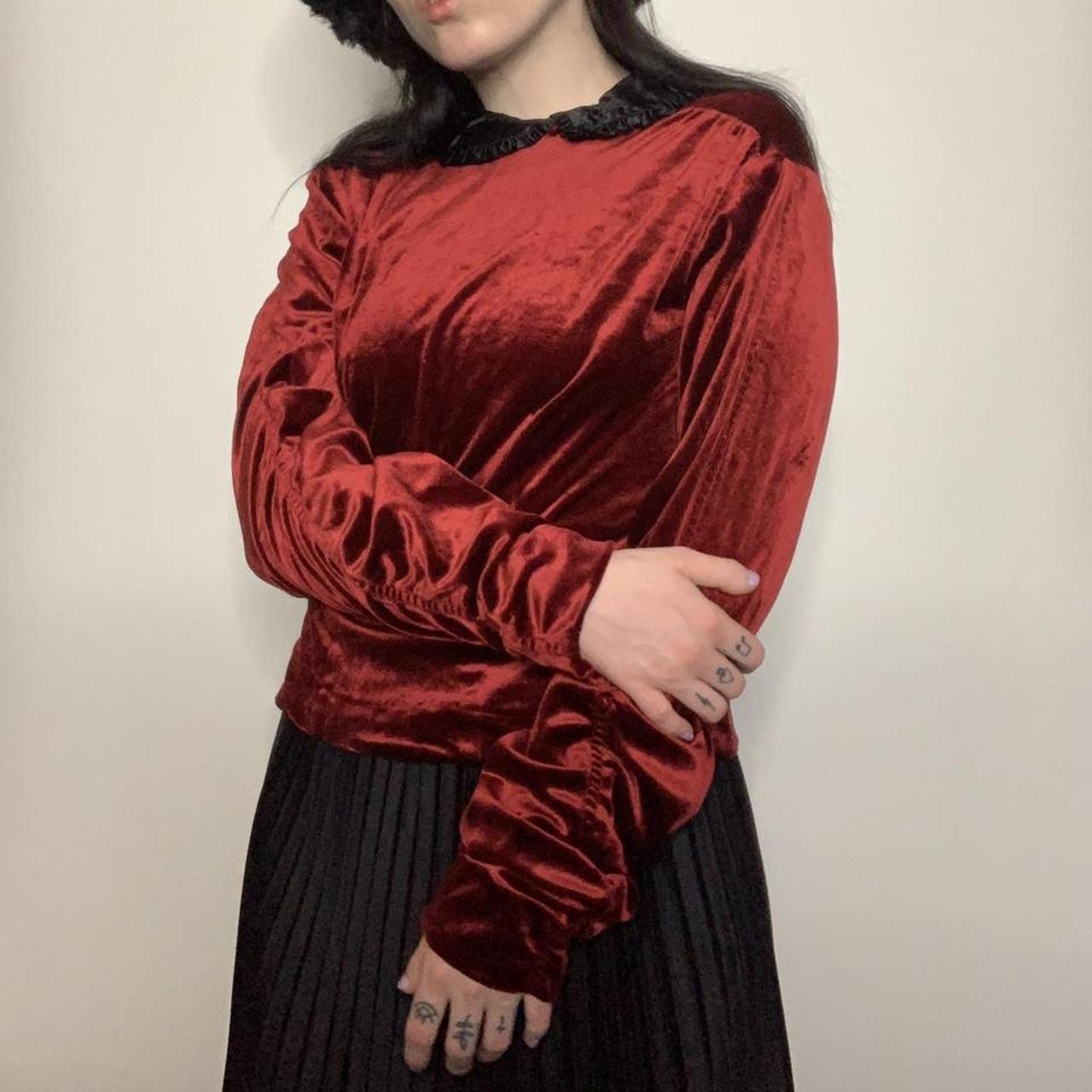 Velvety deep red long sleeve top with satin Peter... - Depop