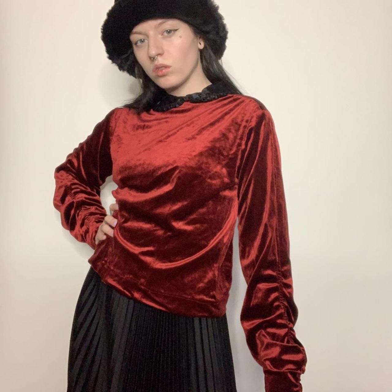 Velvety deep red long sleeve top with satin Peter... - Depop