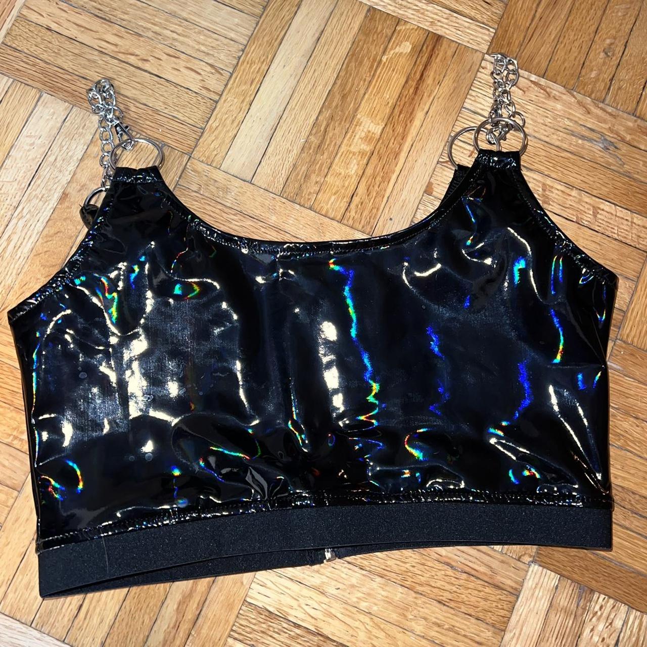 Holographic chain PU leather cami top crop top... - Depop