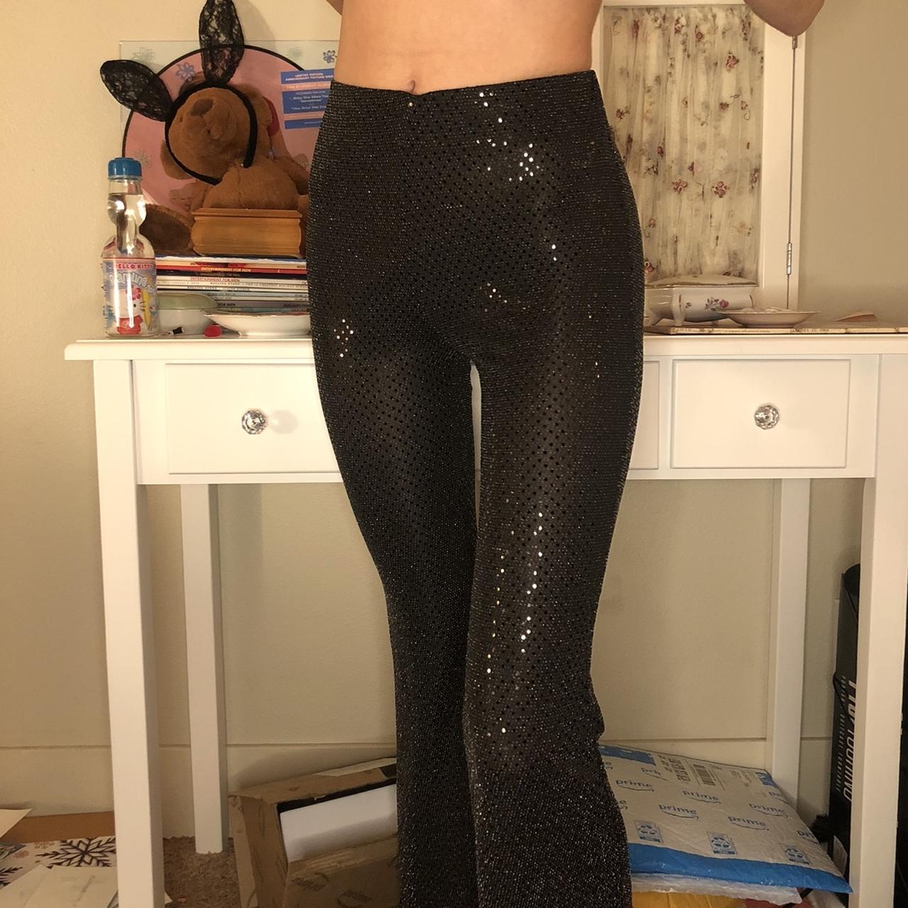 Adika Flare Pants Black Sequins Xs Stretchy Elastic Depop