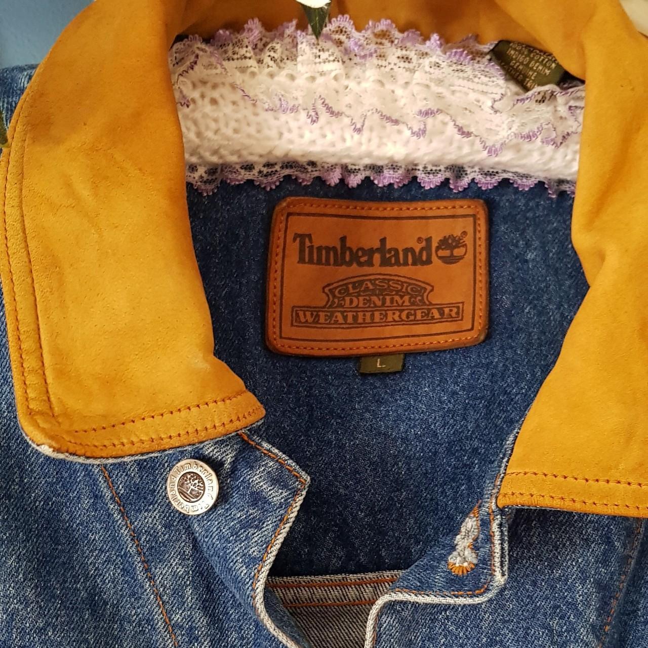 Timberland denim jacket with genuine leather trim.... - Depop