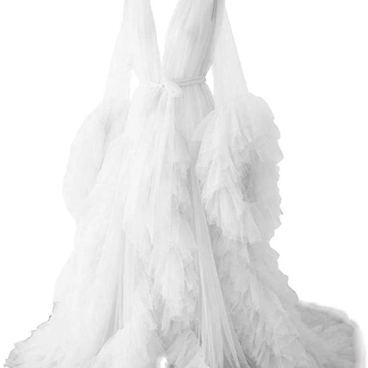 White fluffy bridal mesh dressing tulle gown... - Depop