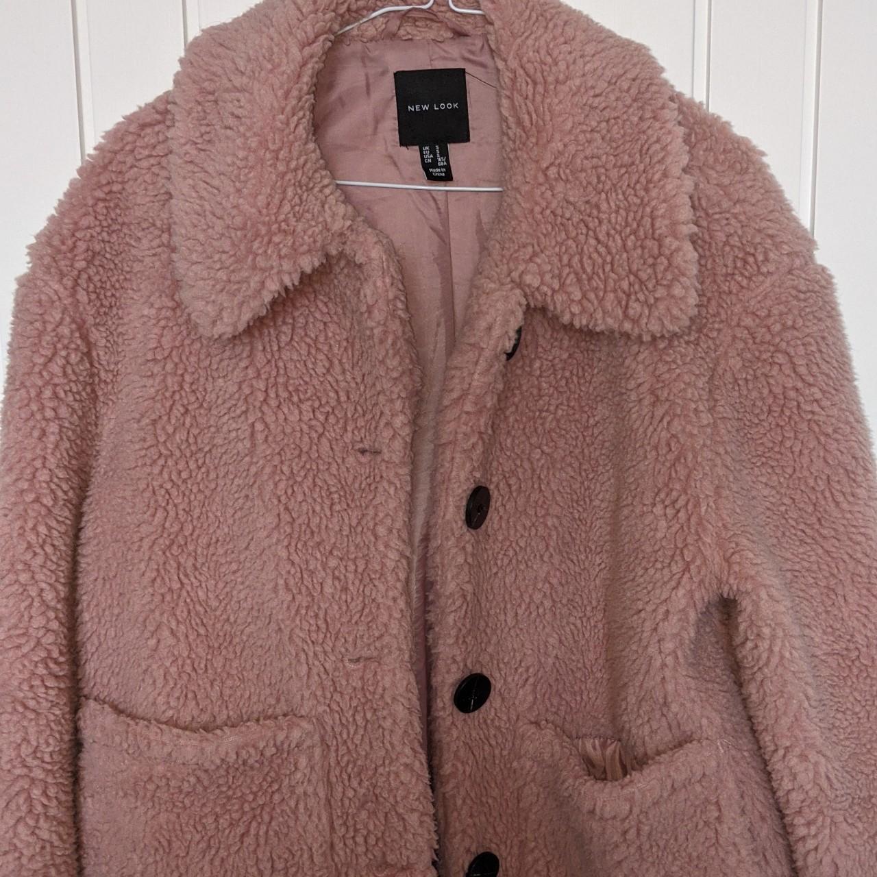 New Look pink fluffy jacket, in good condition,... - Depop
