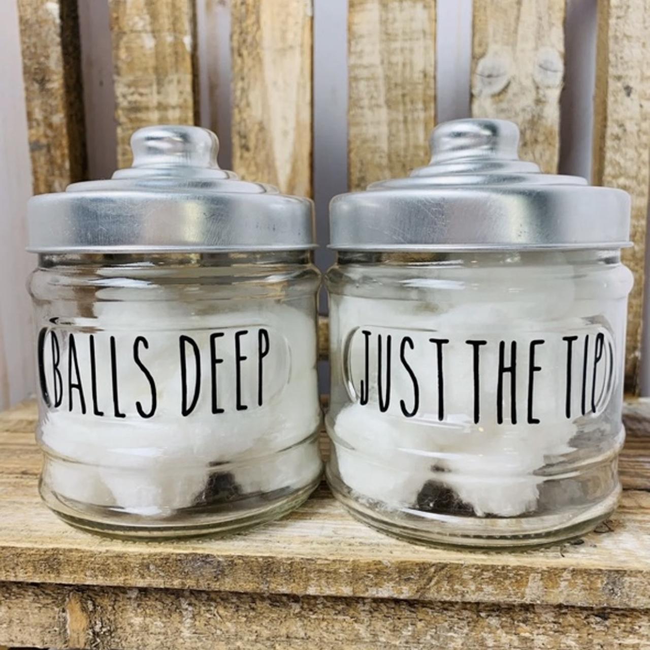 Rae Dunn Inspired bathroom jars. (1) Balls Deep (1)... - Depop