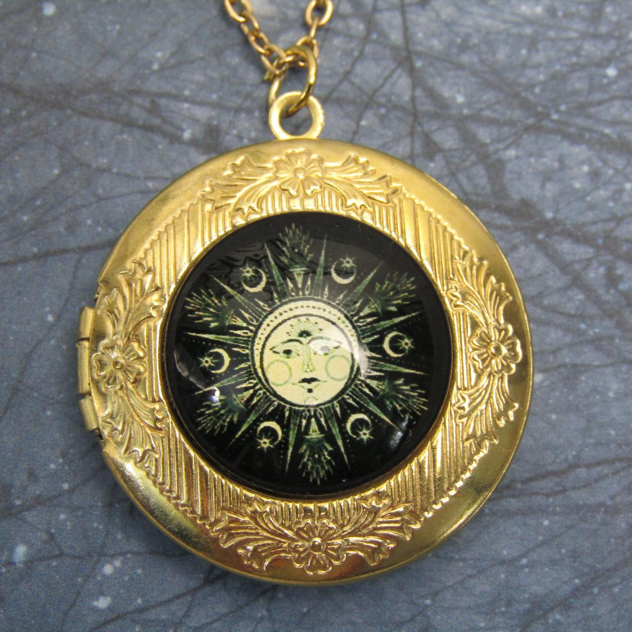 Celestial Sun Moon Locket Necklace Golden FREE... - Depop