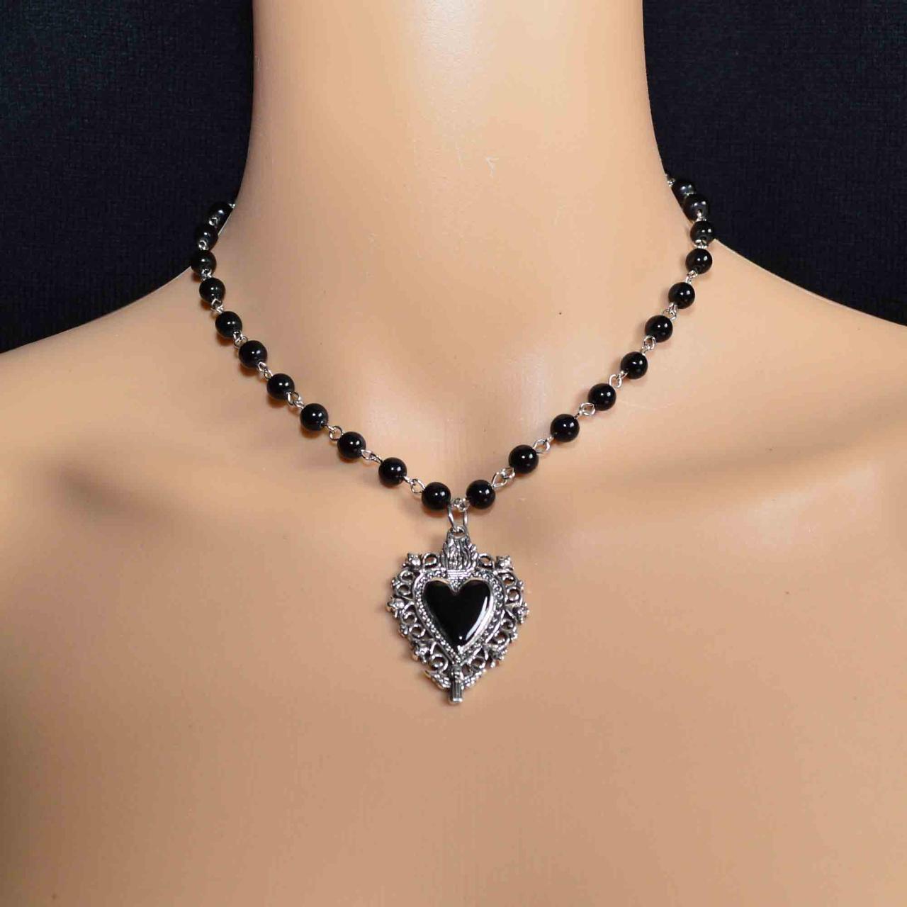 Gothic Black Heart Choker, Black Pearl... - Depop