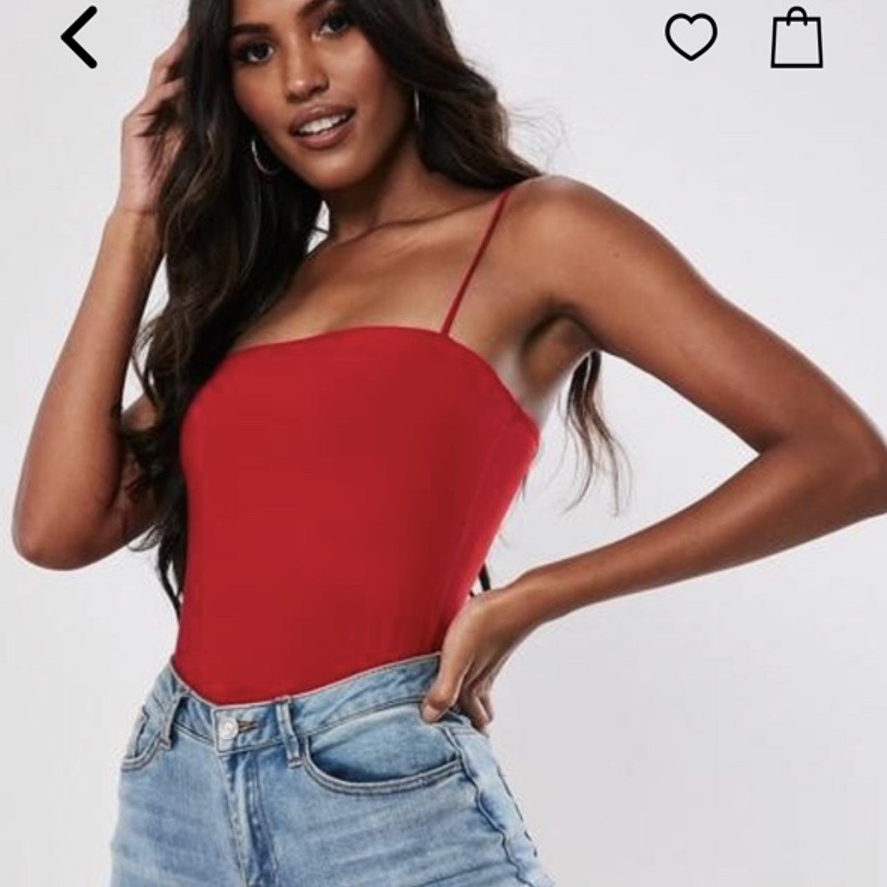 Missguided red seam free straight neck bodysuit with... - Depop