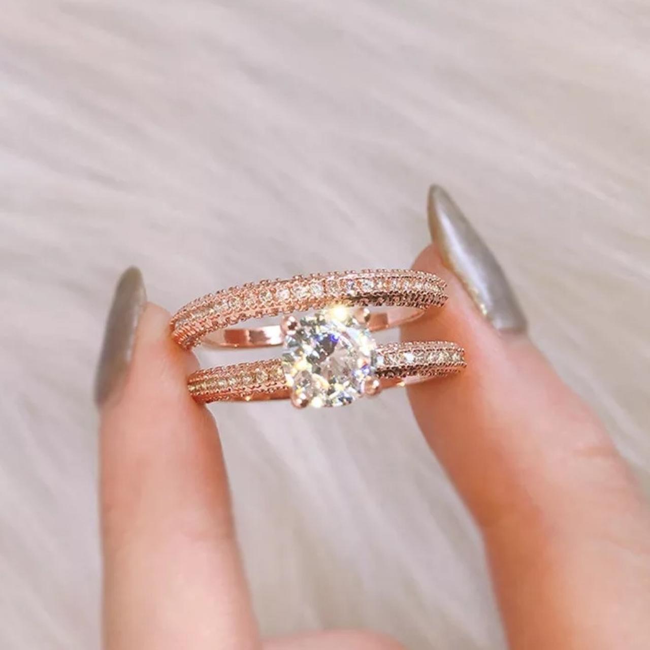 Beautiful rose gold diamante ring, pave ring with... - Depop