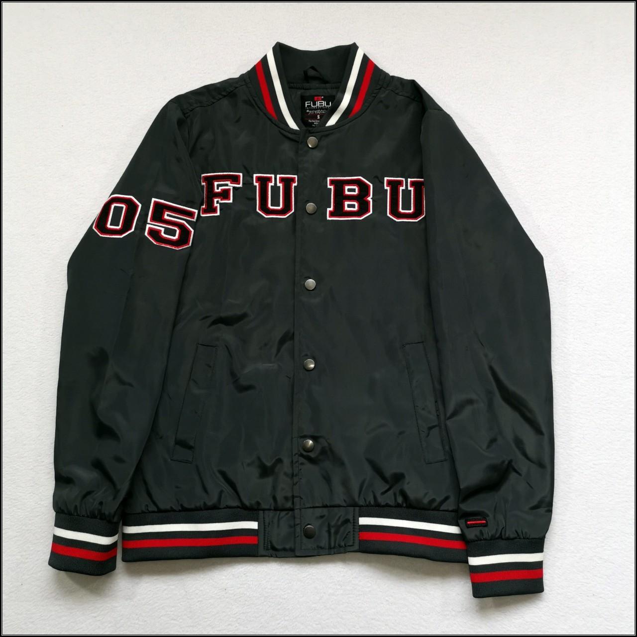 FUBU satin-effect bomber jacket in charcoal grey... - Depop