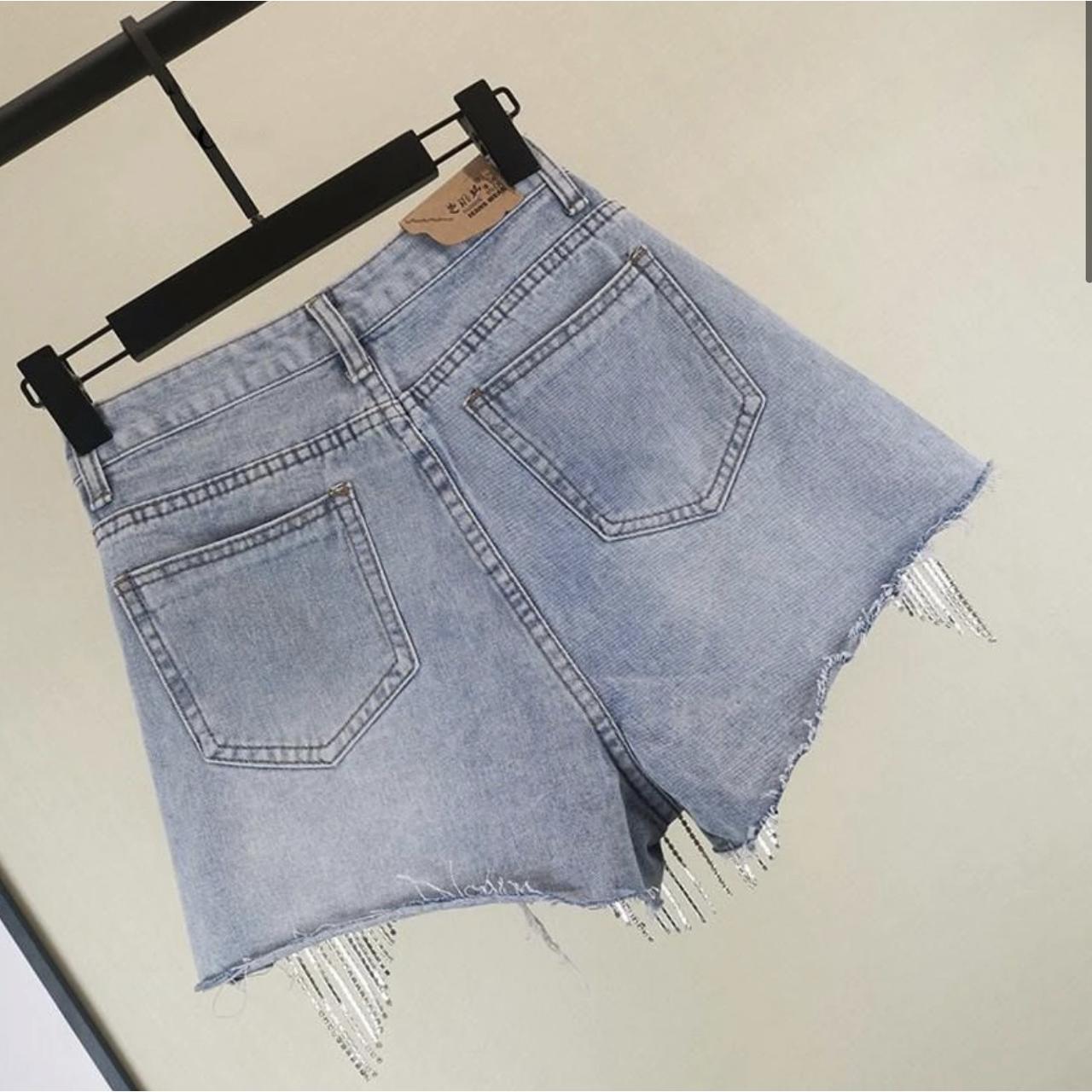 - diamante denim shorts, belt sold separately ... - Depop