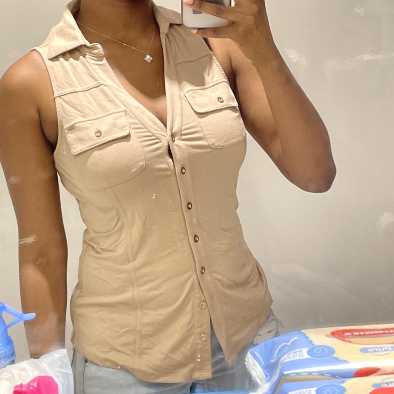 Beige / light brown button up top with collar. - Depop