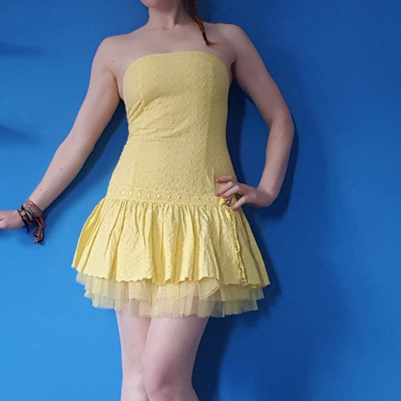 Miss Posh lemon yellow drop waist dress with ruffle... - Depop