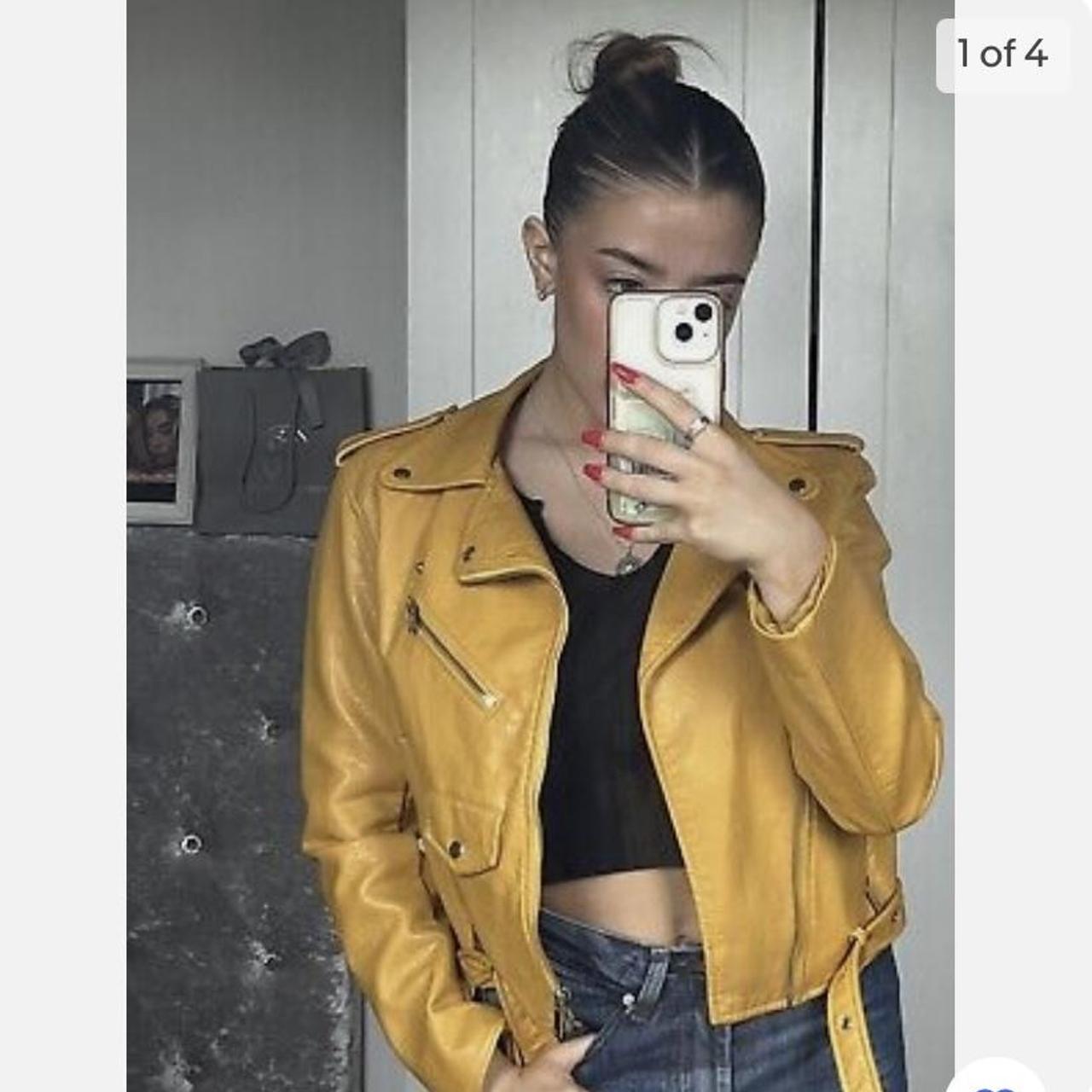 zara yellow faux leather jacket - Depop