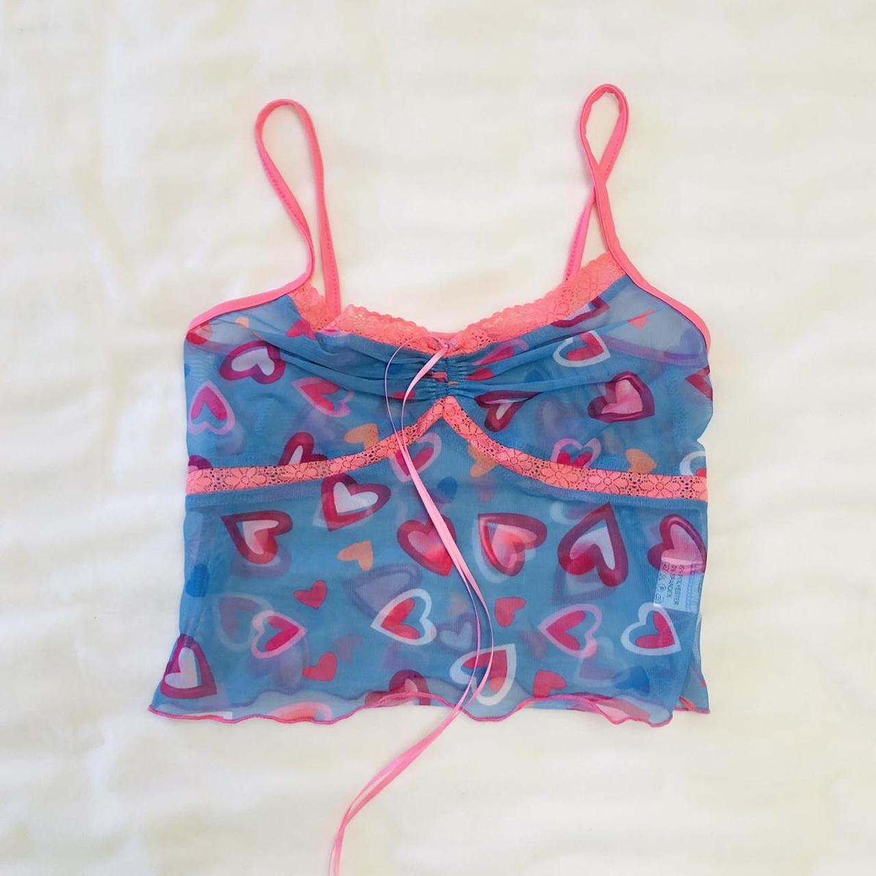 Blue and Pink Mesh Tank Top w/ Heart Pattern + new... - Depop