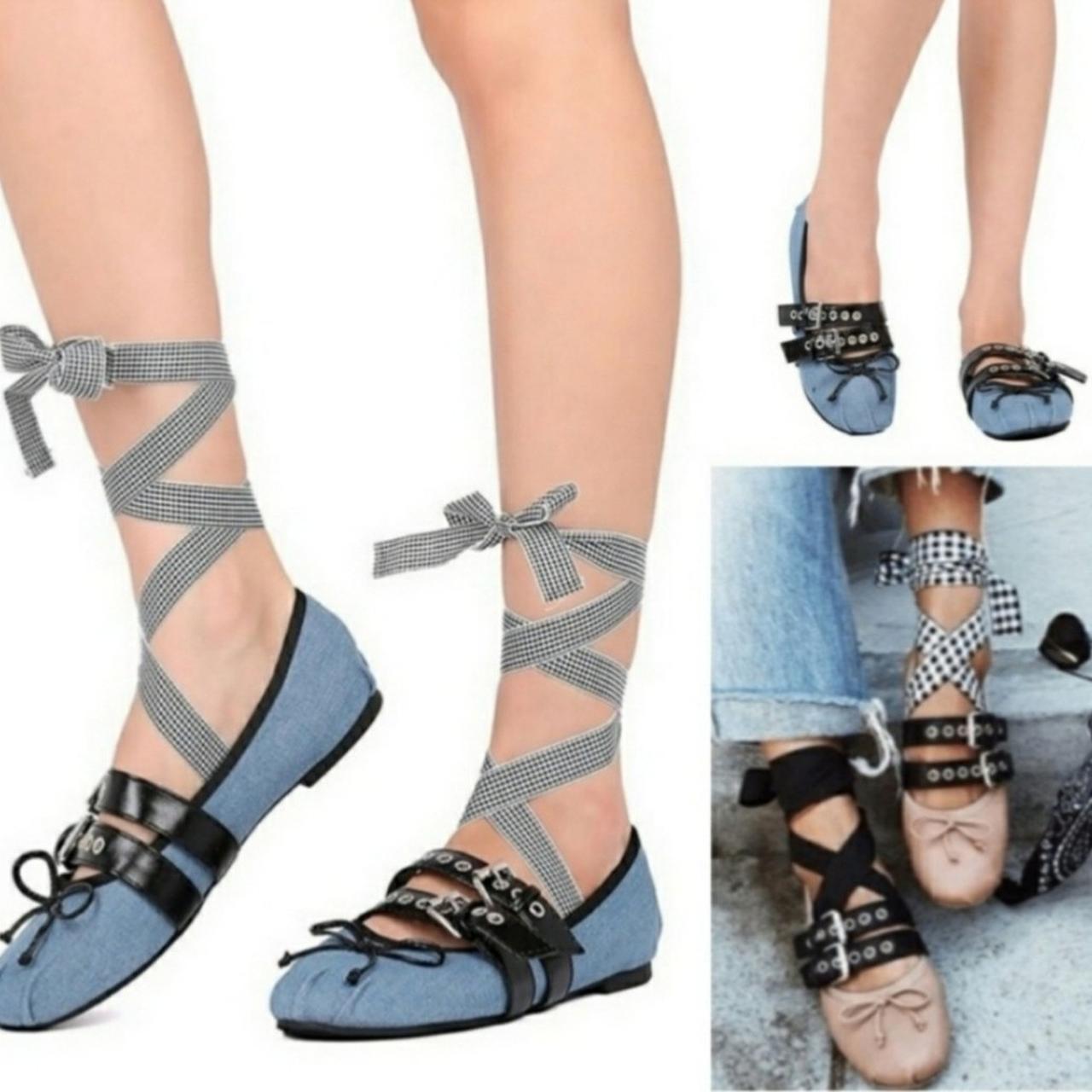 Leg Strapped Denim Ballerina Buckle Shoes Cape... - Depop