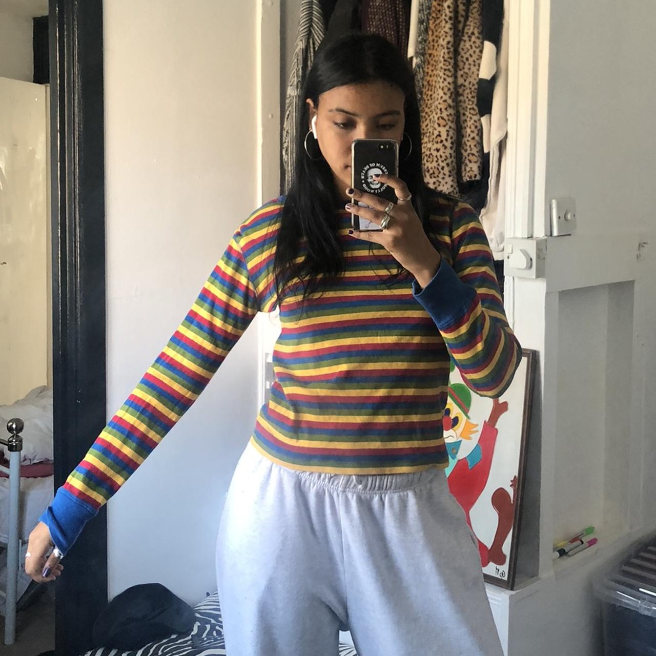 vintage striped multi coloured telling sleeve t... - Depop