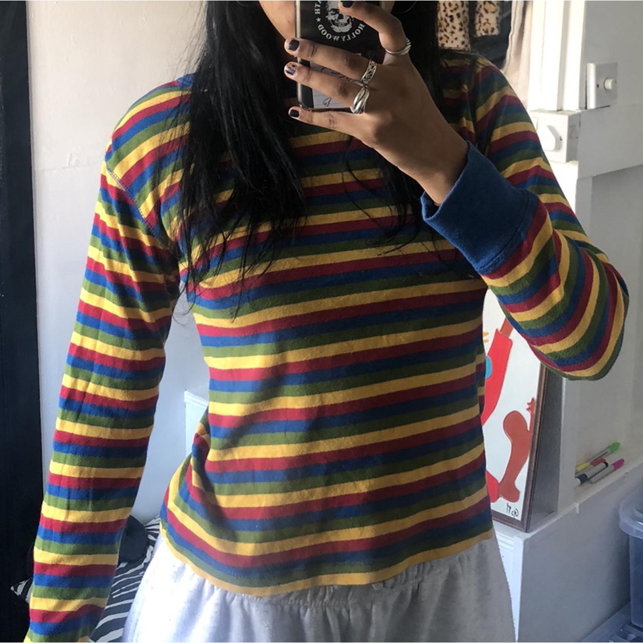 vintage striped multi coloured telling sleeve t... - Depop