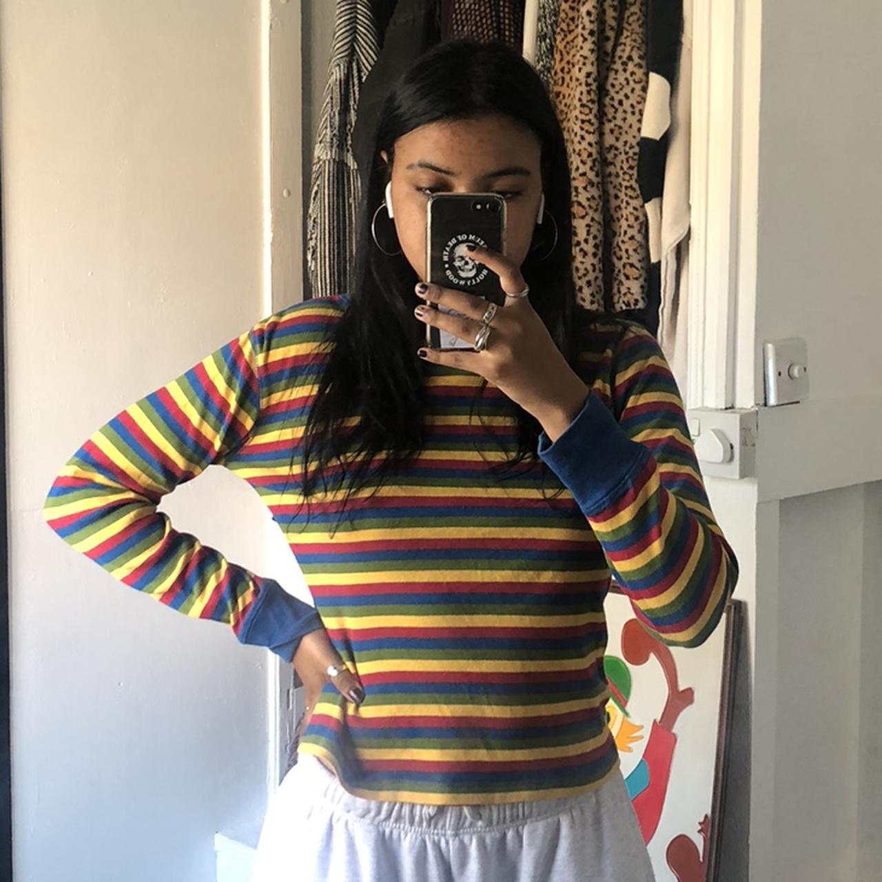 vintage striped multi coloured telling sleeve t... - Depop