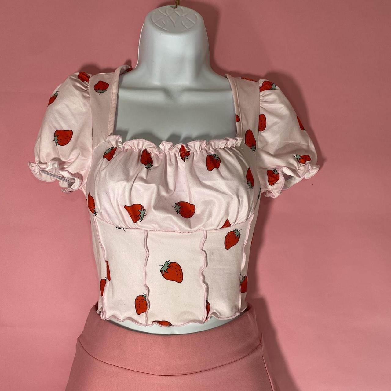 Strawberry Print Crop Top A pink crop top with... | Depop