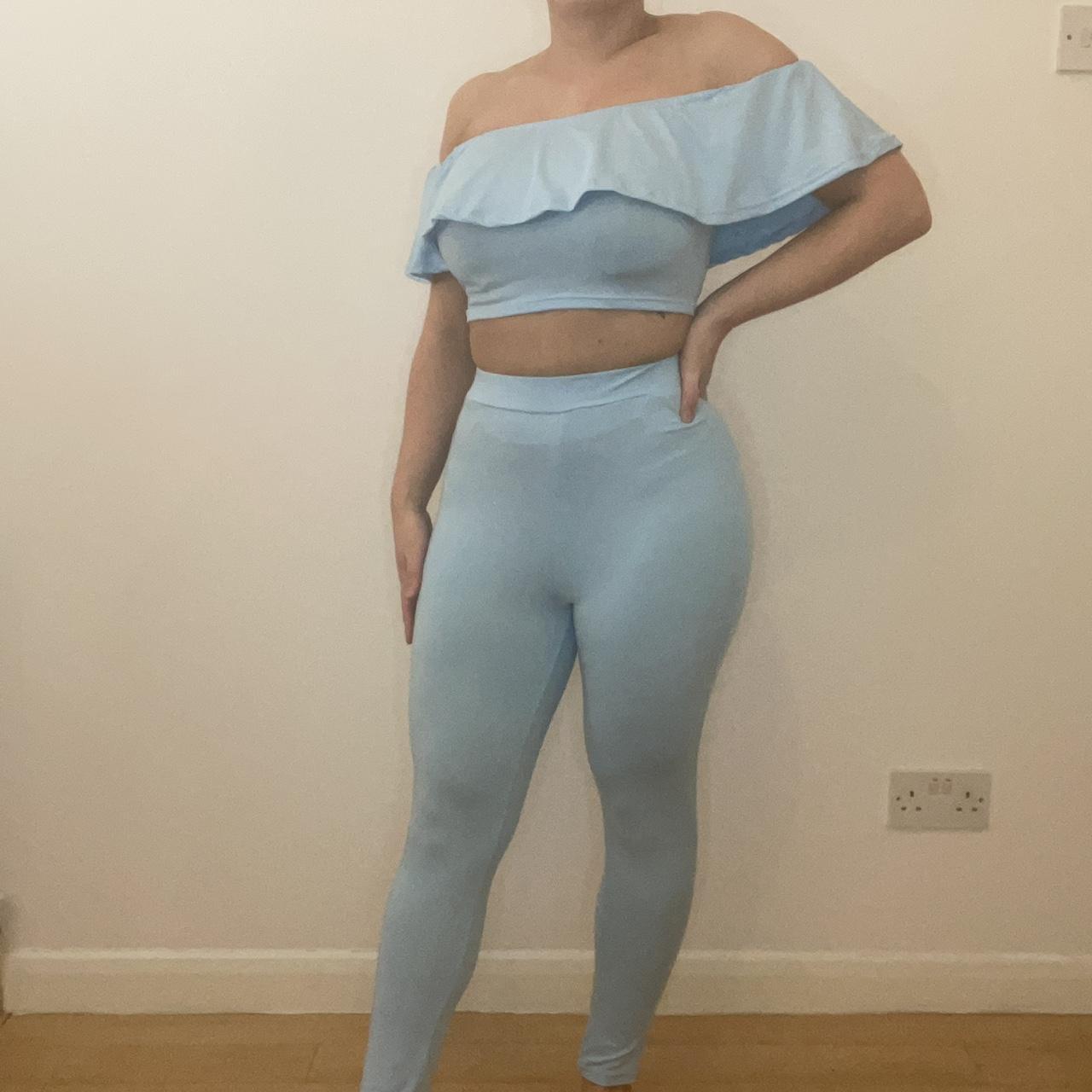 Light blue off the shoulder frill crop top and high... - Depop