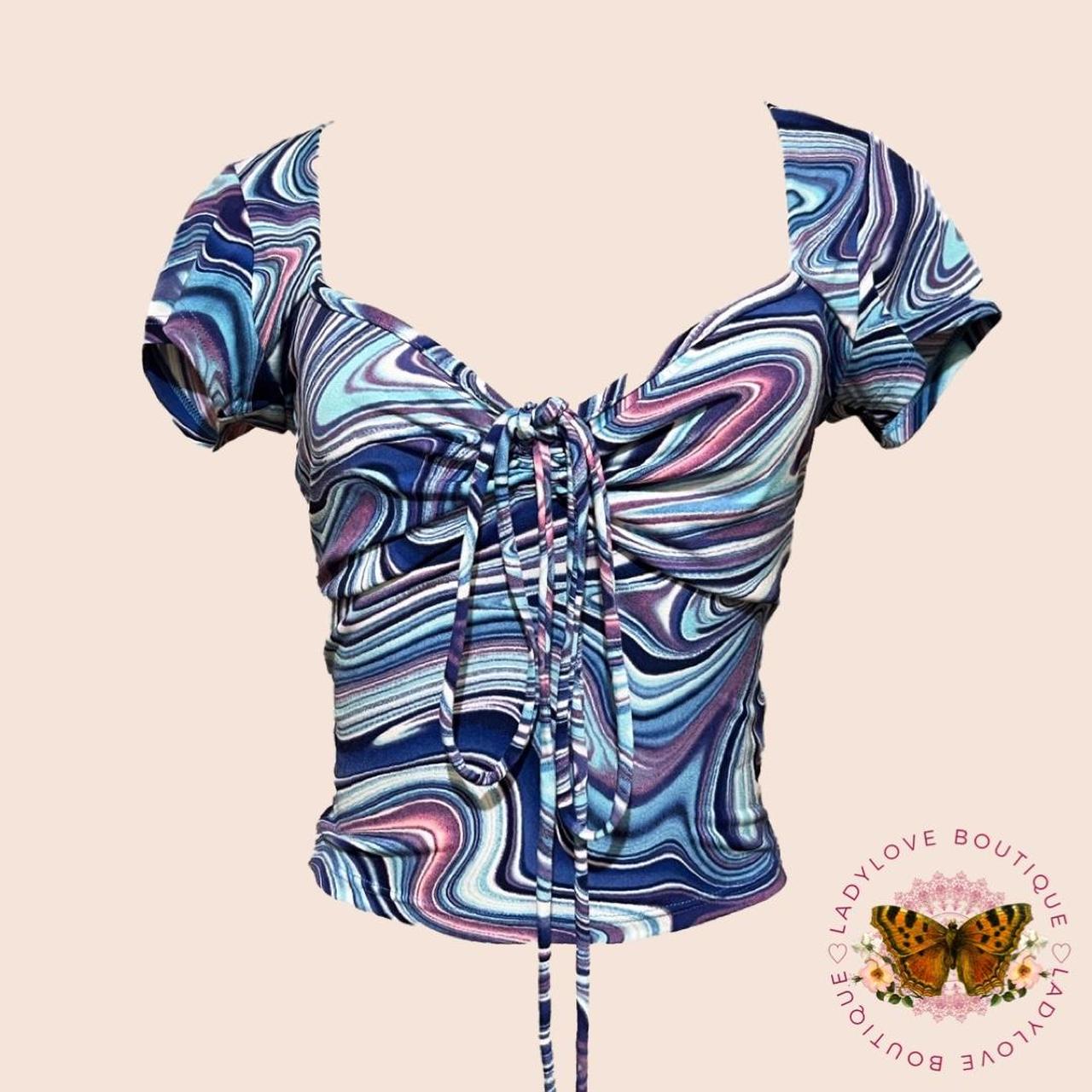 Pink and Blue Marble Print Top with Adjustable and... - Depop