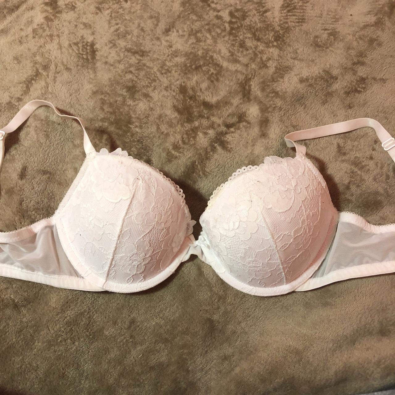 Lacy white bra with sheer sides and adjustable... - Depop