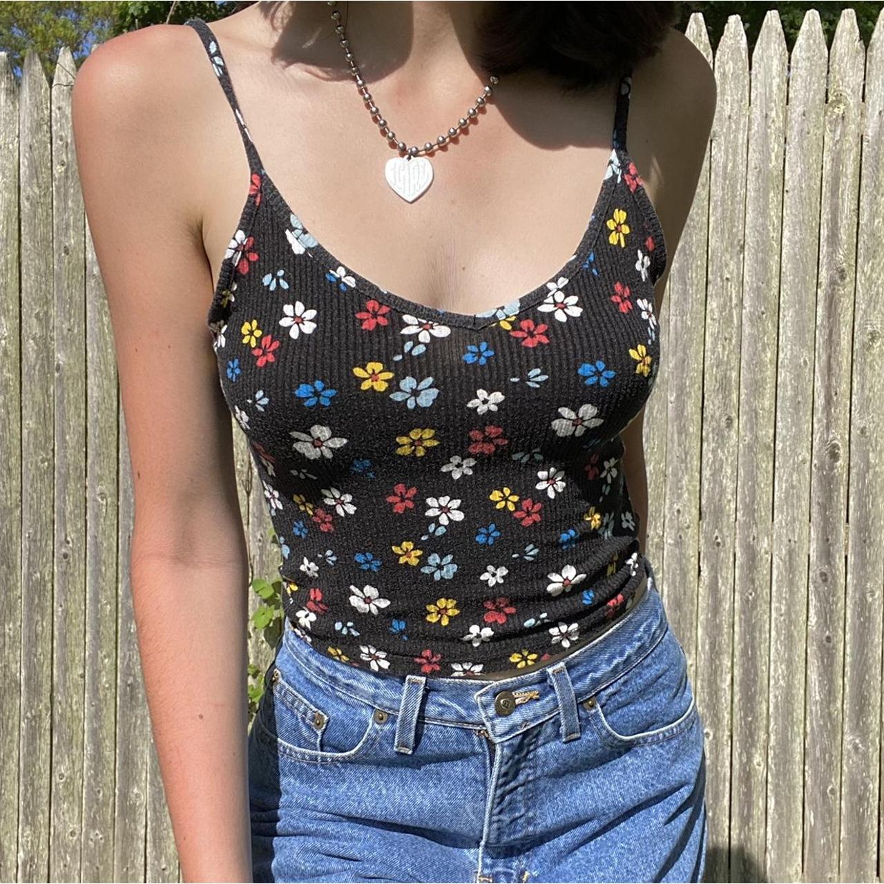 Black floral tank top simple flower design with... - Depop