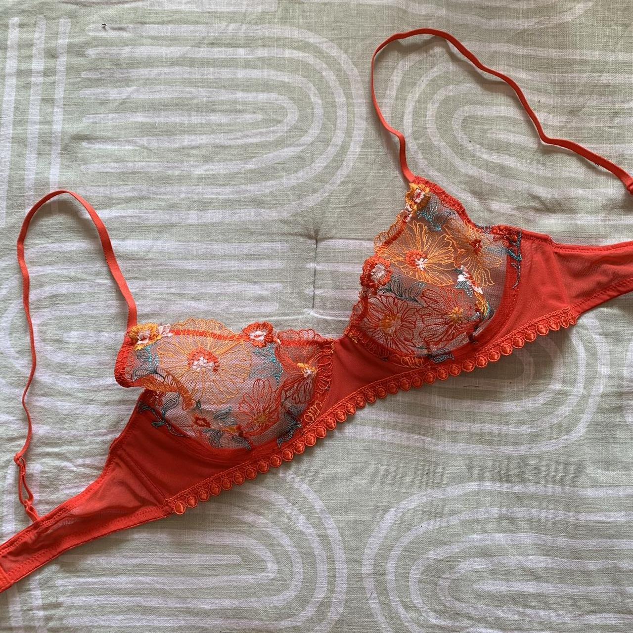 Gorgeous sheer bra in a coral orange with lace,... - Depop