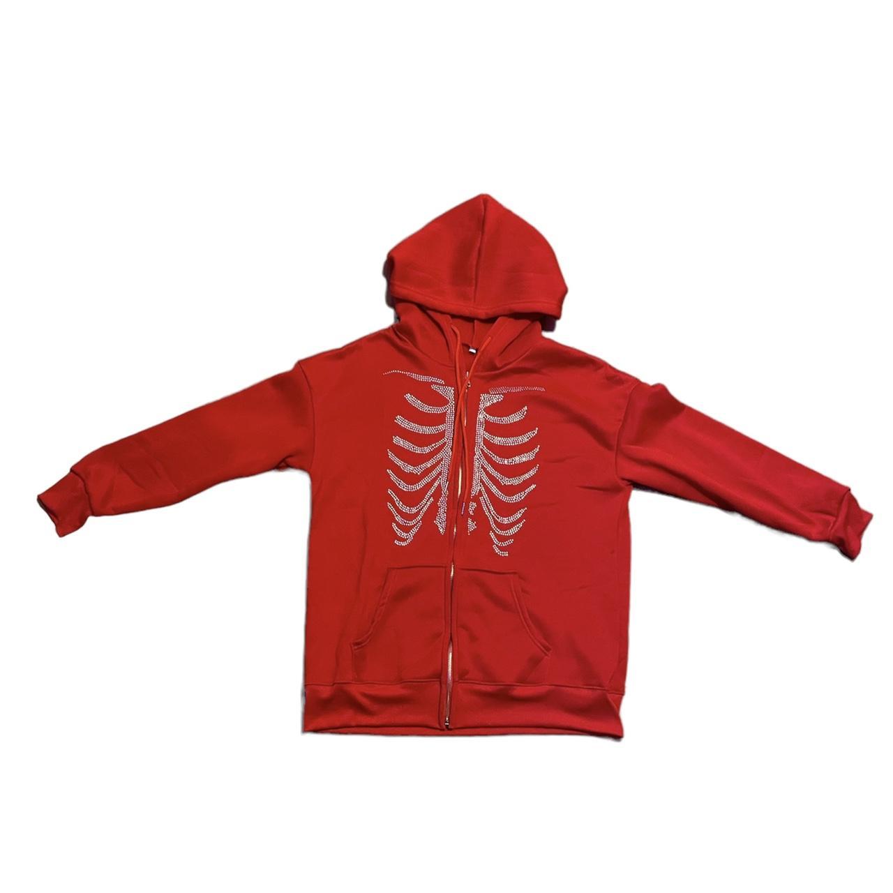 Red rhinestone skeleton ribcage zip up hoodie no... - Depop