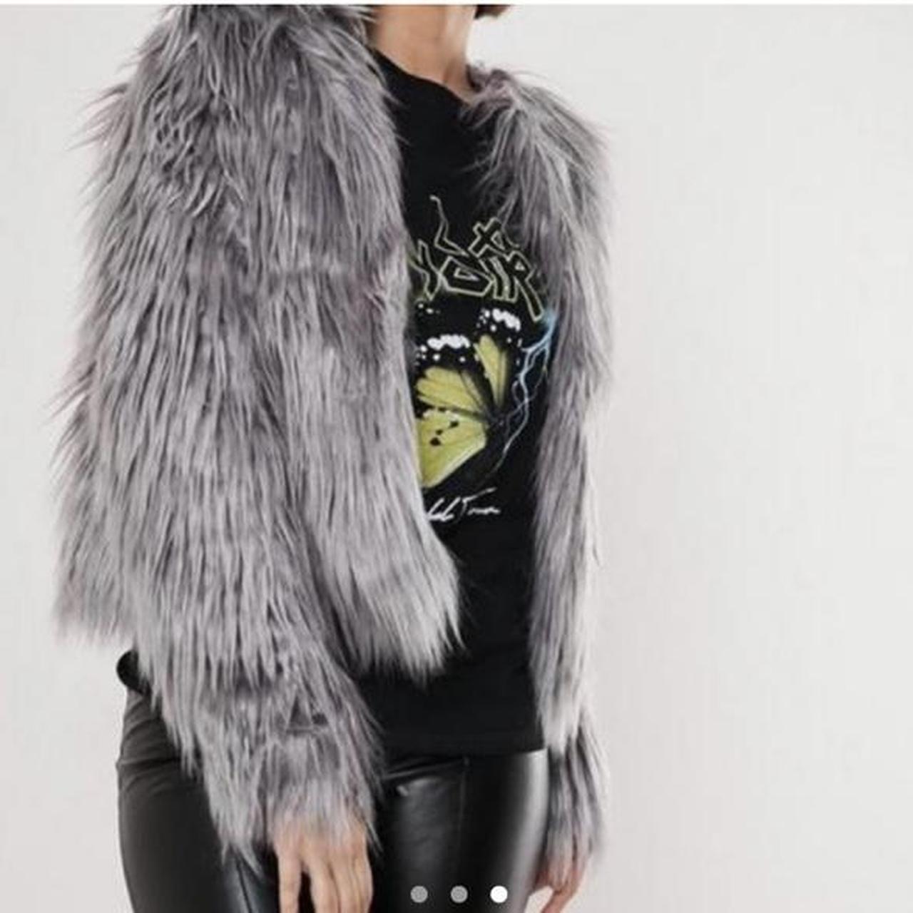 Missguided Grey Shaggy Faux Fur Coat Size 12 Worn Depop