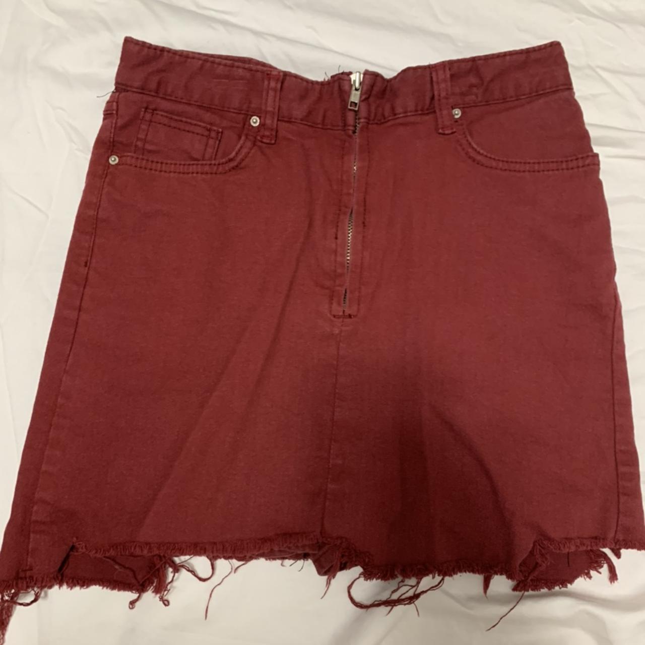 CHUU red jean zip up mini skirt -distressed... - Depop