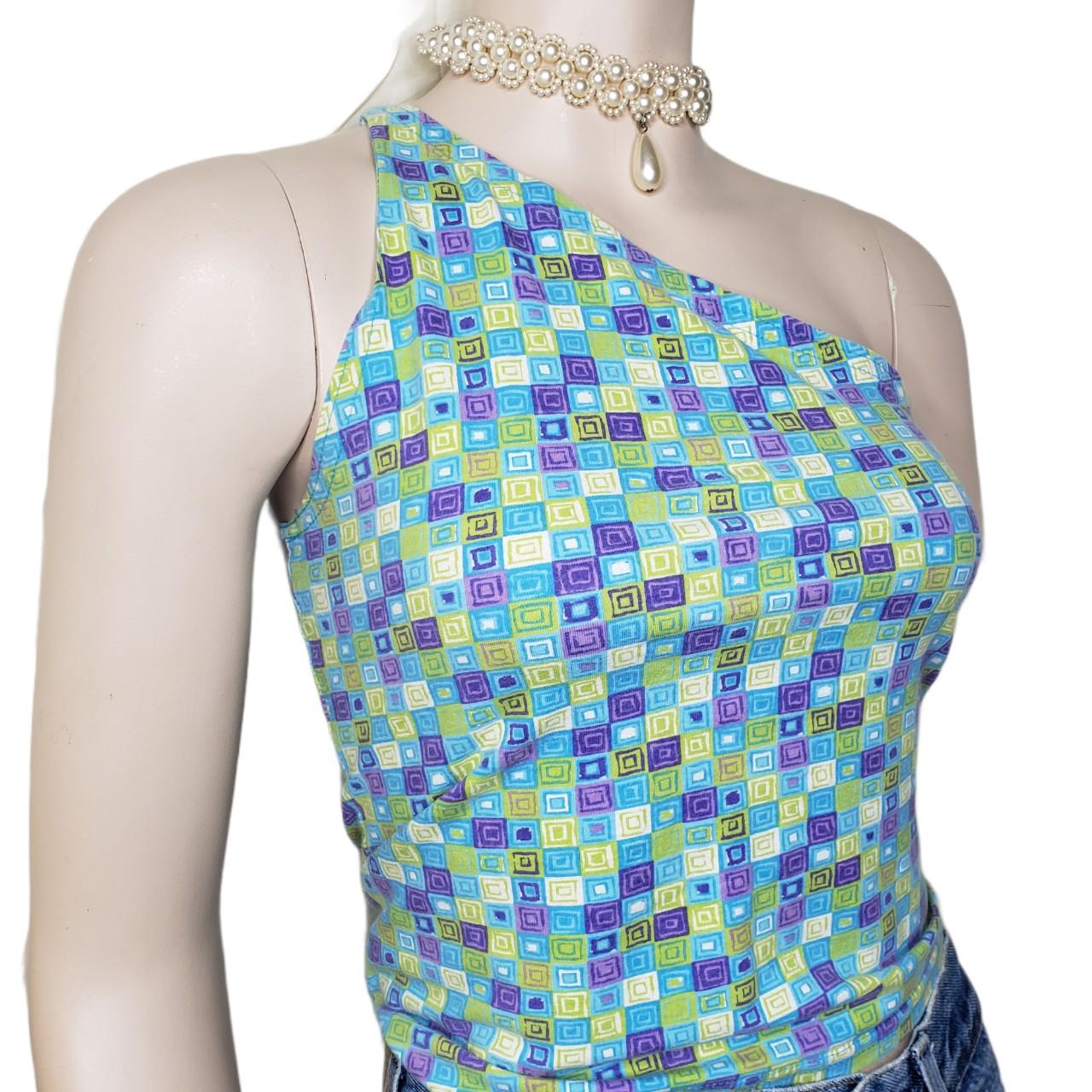 vintage y2k blue geometric pattern one sleeve... - Depop